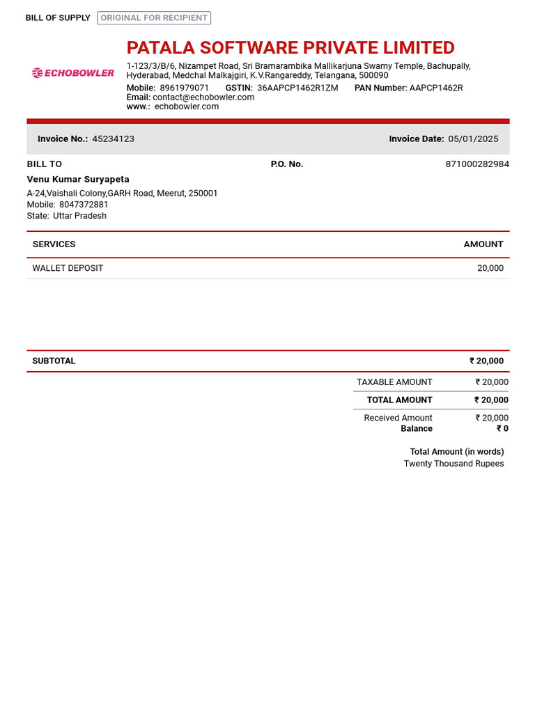 Patala Software Private Limited: Invoice No.: Invoice Date: P.O. No | PDF