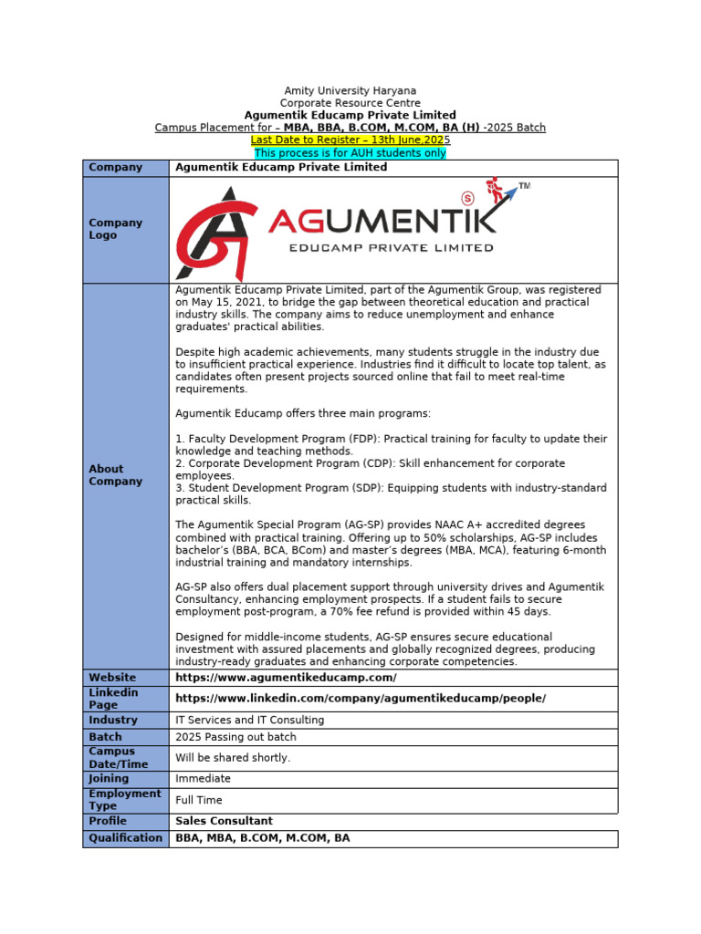 AUH CRC Job Notice - Agumentik Educamp Private Limited - 2025 Passing Out Batch. | PDF | Business