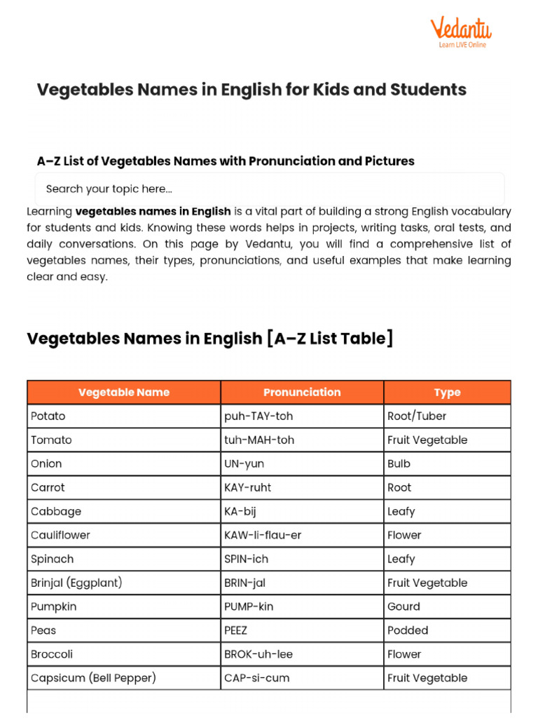 Vegetables Names in English For Kids and Students | PDF