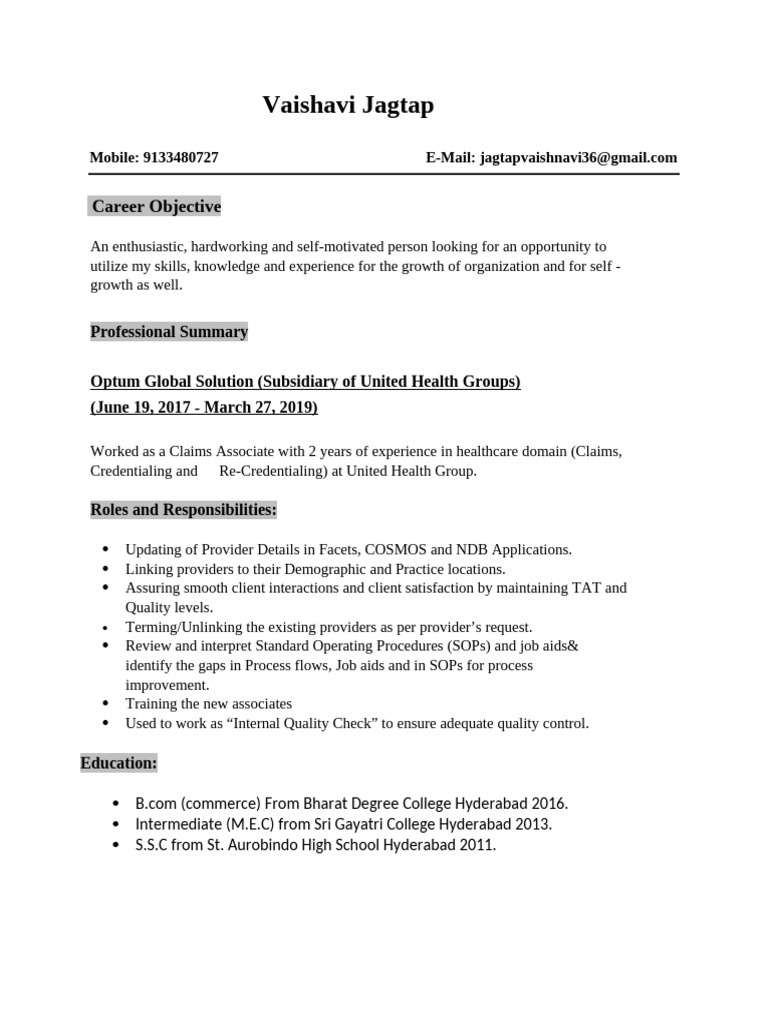 Vaishnavi Jagtap Claims As CV | PDF