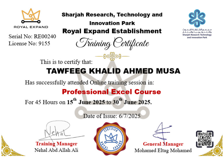 Professional Excel Course Certificate | PDF