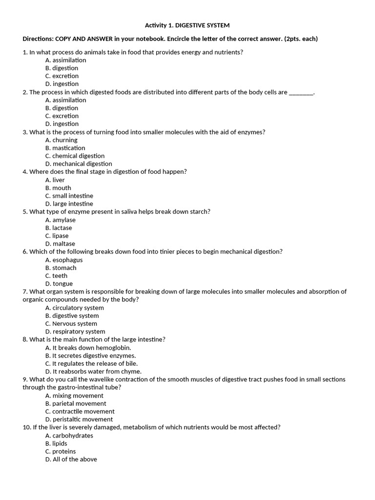 Digestive System Quiz Questions | PDF