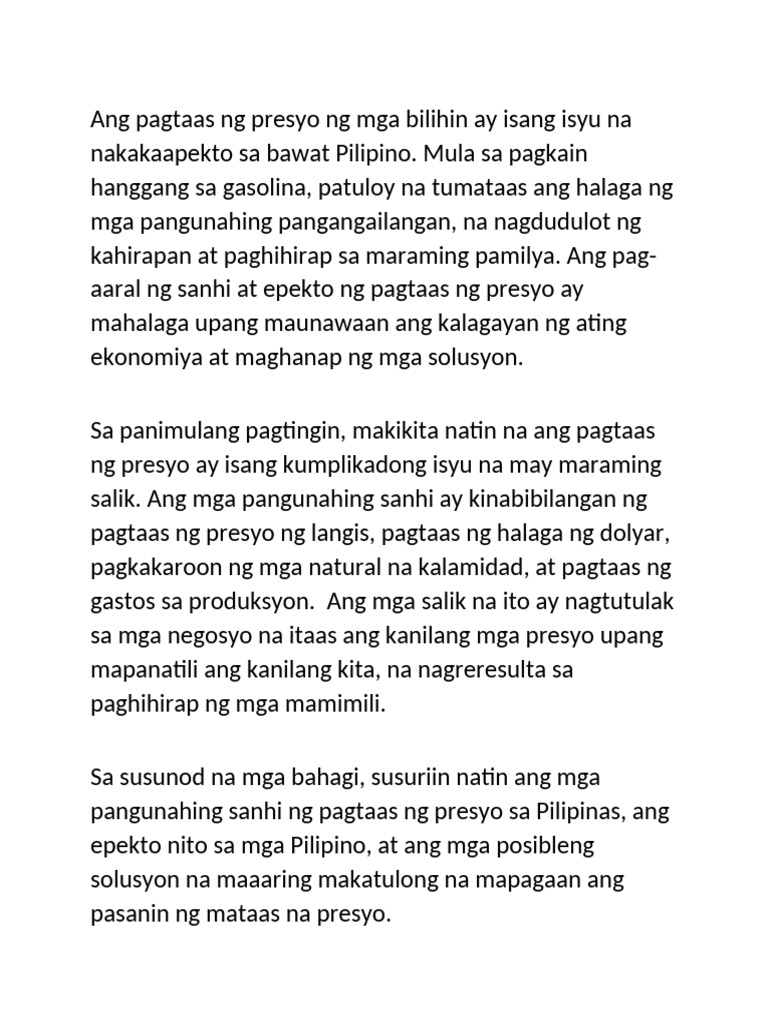 Ang Pagtaas NG Presyo NG Mga Bilihin Ay Isang Isyu Na Nakakaapekto Sa ...