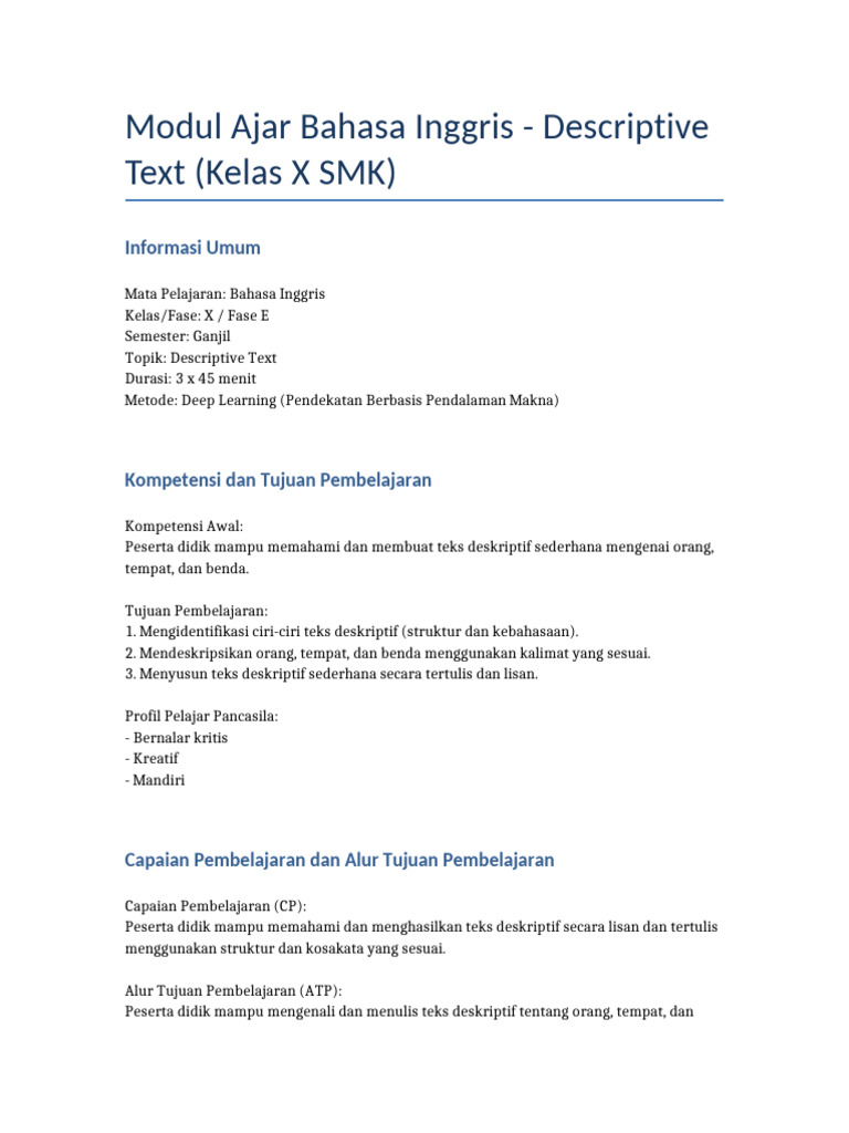 Modul Ajar Bahasa Inggris Kelas X Descriptive Text | PDF
