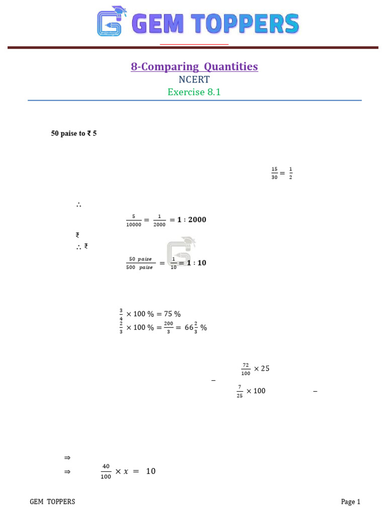 8 - Maths 8 Comparing Quantities Ex - 8.1 | PDF | Ratio | Division ...