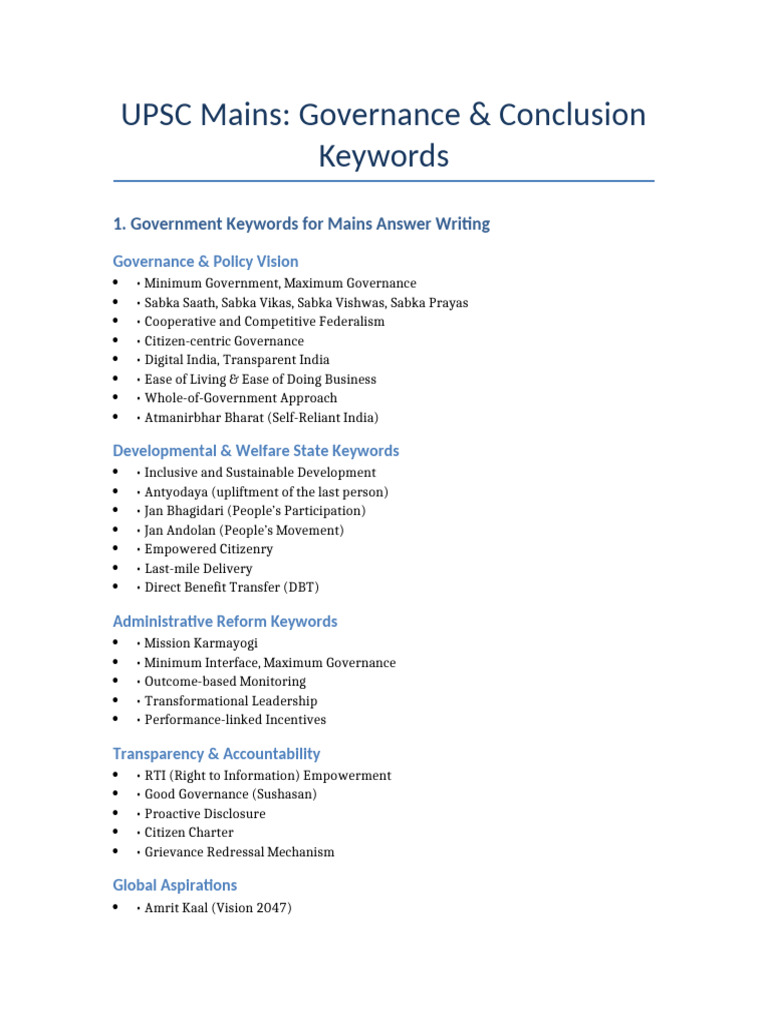 UPSC Mains Governance Keywords Guide | PDF