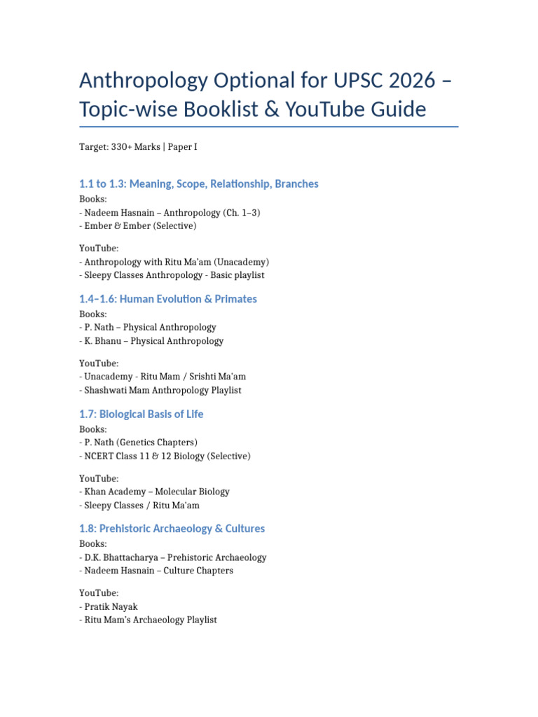 UPSC 2026 Anthropology Booklist Guide | PDF | Anthropology | Liberal ...