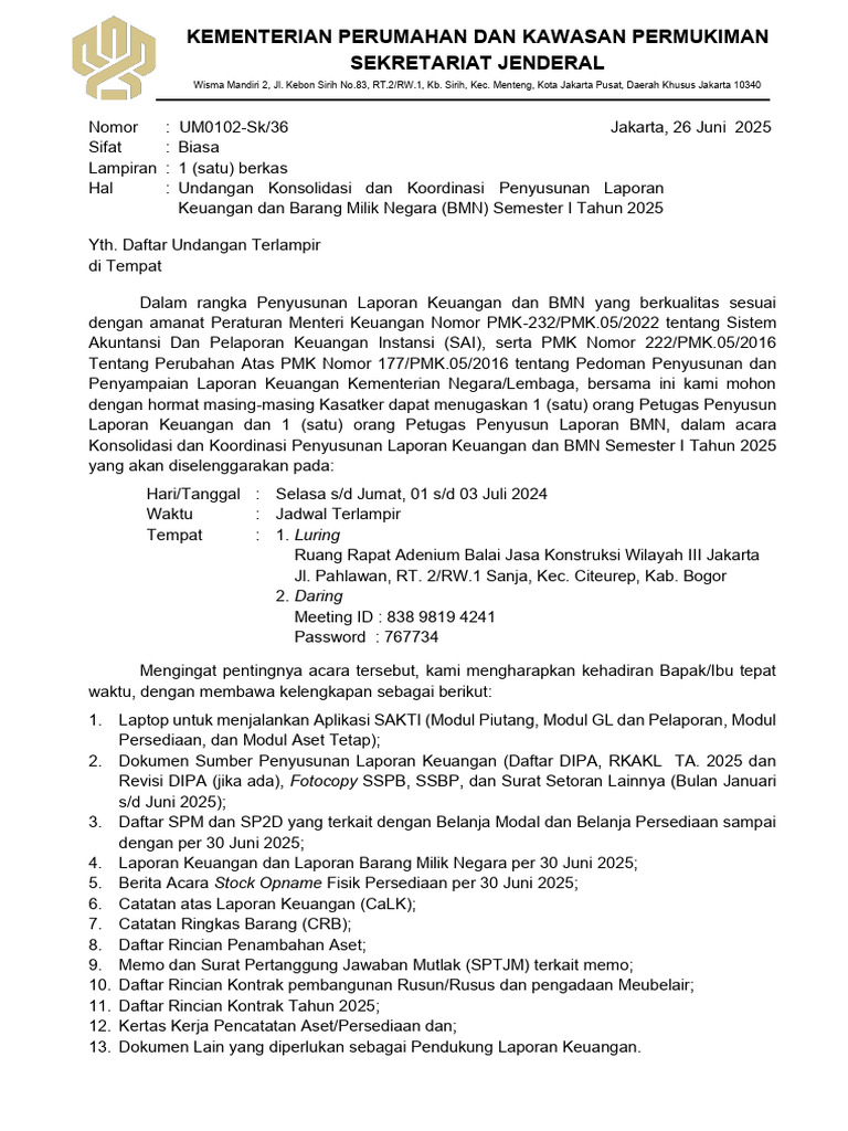 4268 Undangan Konsolidasi Dan Koordinasi Penyusunan Laporan Keuangan Dan Barang Milik Negara ...