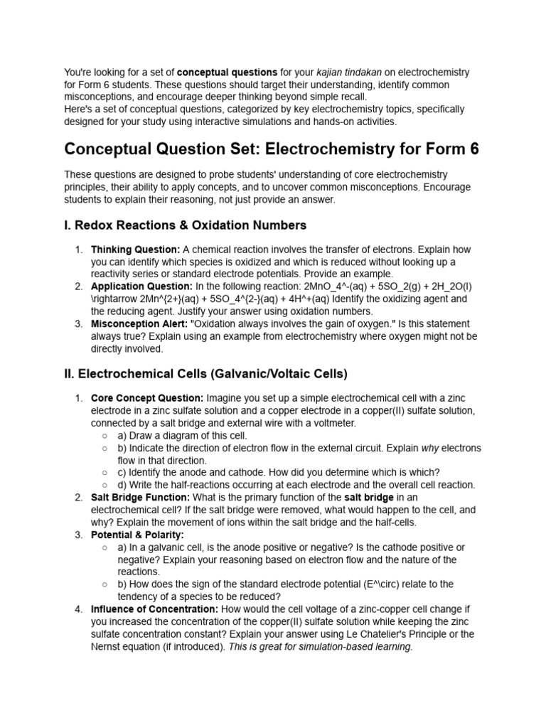Conceptual Questions on Electrochemistry | PDF | Electrochemistry ...