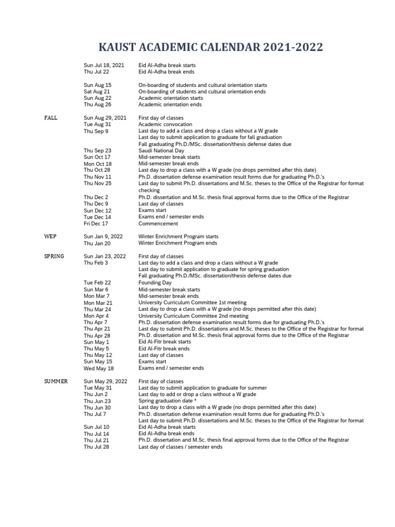 KAUST Academic Calendar 2021-2022 | PDF | Thesis | Doctor Of Philosophy