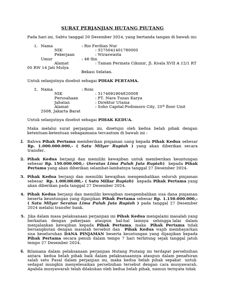 SURAT PERJANJIAN HUTANG PIUTANG Mas Rio Roni 20 Des 2024 | PDF