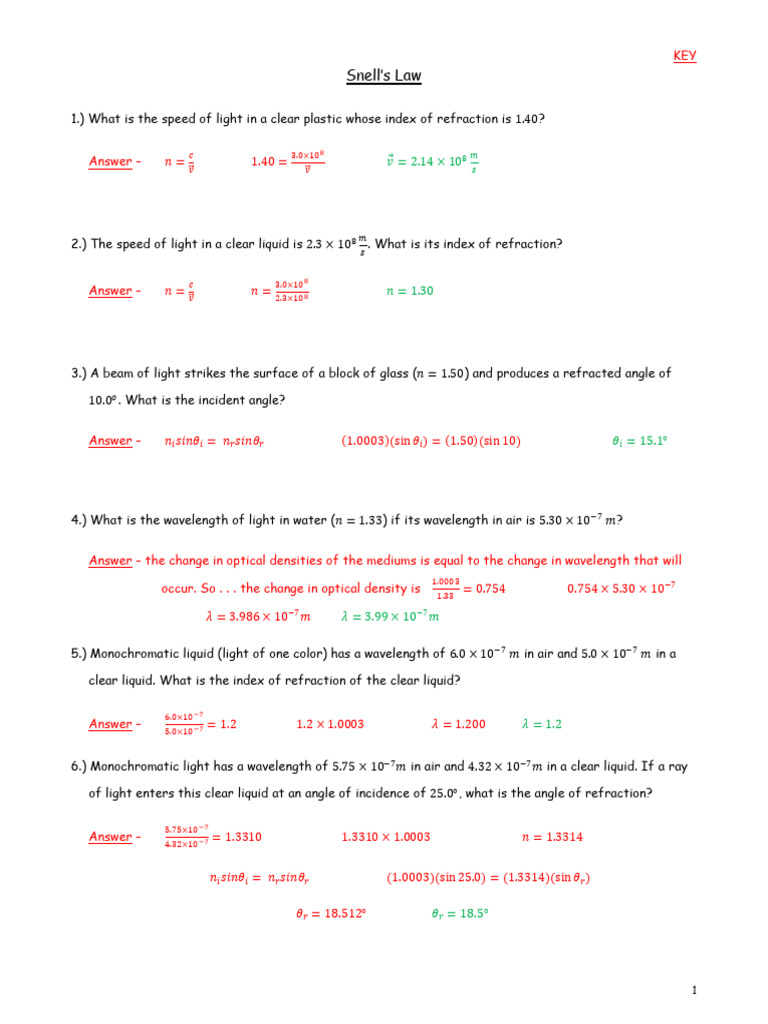 Snell's Law Practice Problems and Solutions | PDF | Refraction ...
