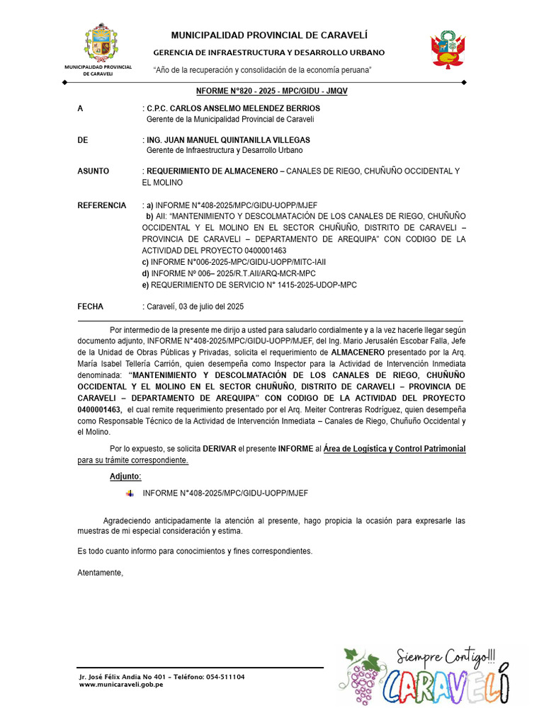 Informe Nº820 - 2025 JMQV - Req Almacenero (Canal Chuñuño Occidental y | PDF