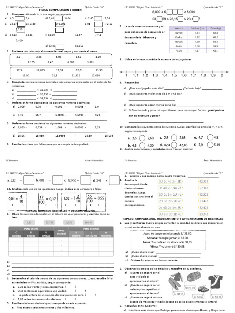 FICHA Comparación y Orden de Decimales | PDF
