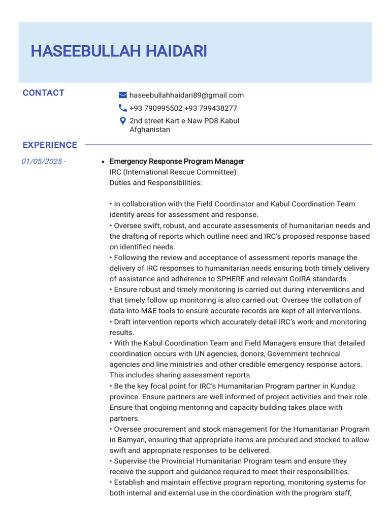 Haseebullah Haidari: Emergency Response Role | PDF