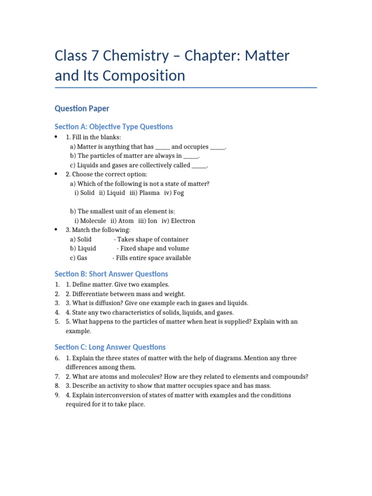 Class 7 Chemistry Matter and Its Composition Question Paper | PDF