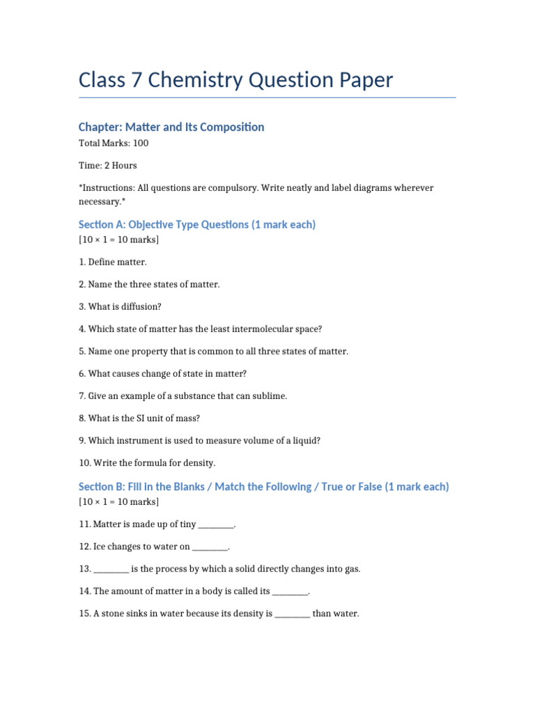 Class 7 Chemistry Question Paper Matter and Its Composition | PDF ...