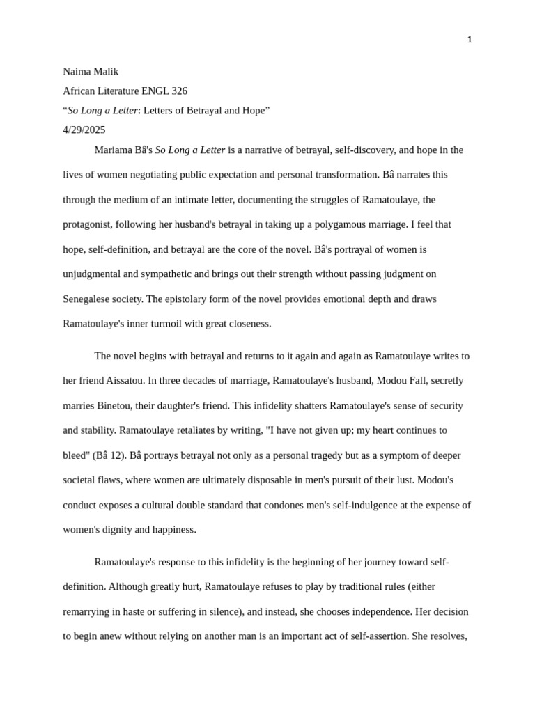 Betrayal and Hope in So Long a Letter | PDF