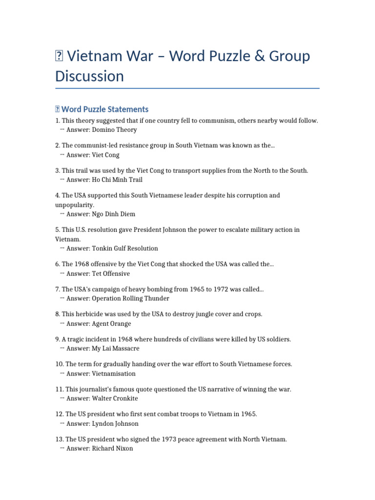 Vietnam War Expanded Word Puzzle and Discussion | PDF | Vietnam War ...