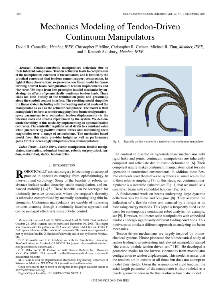 Mechanics Modeling of Tendon-Driven Continuum Manipulators | PDF | Beam (Structure) | Bending