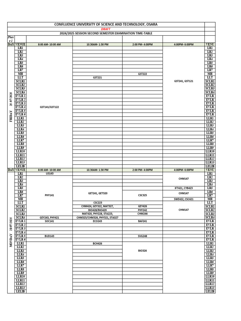 Draft 2nd Semester Exam Time Table 1 | PDF