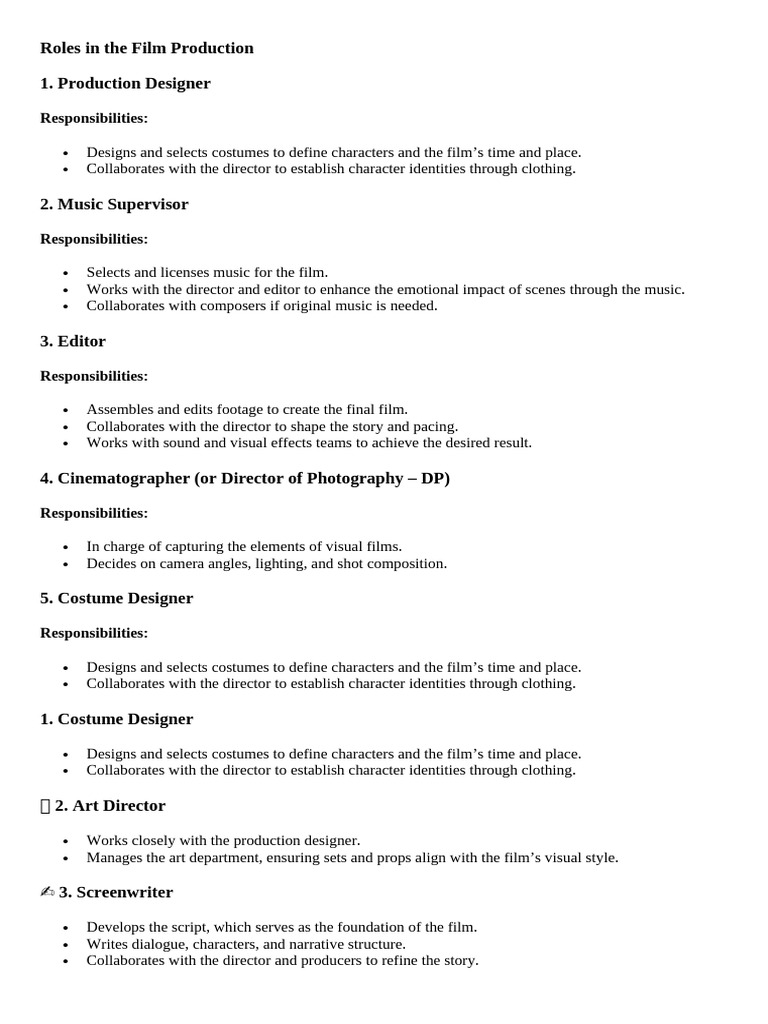 Key Roles in Film Production | PDF | Filmmaking | Film Director