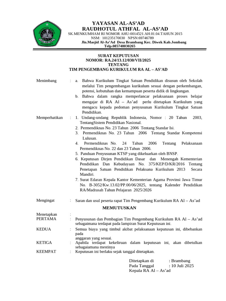 Tim Pengembang Kurikulum RA Al-As'ad | PDF