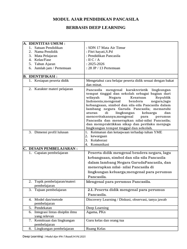 Modul Ajar & LKPD PKN Deep Learning Kls II C | PDF