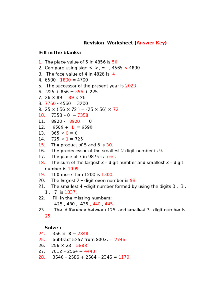 Class 5 Math Revision Worksheet | PDF