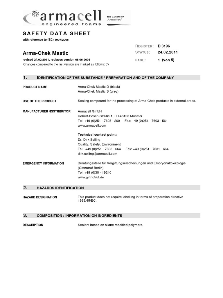 Arma-Chek Mastic Safety Data Sheet | PDF | Materials | Safety