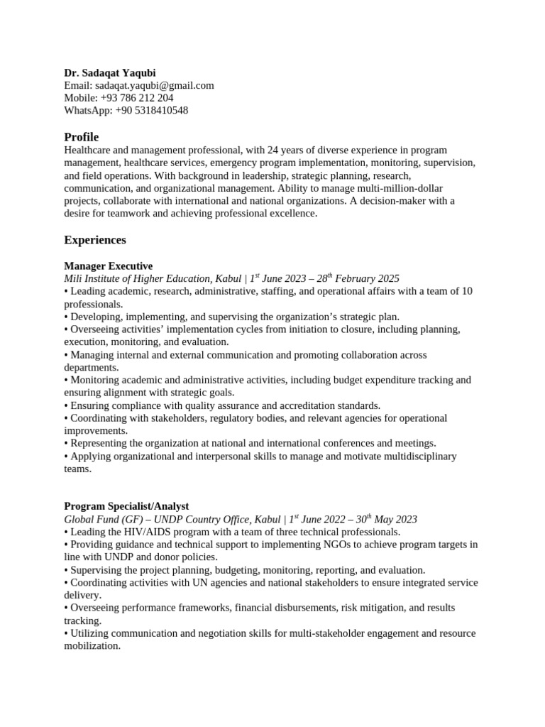 CV-Dr. Sadaqat Yaqubi | PDF | United Nations Development Programme | Hospital