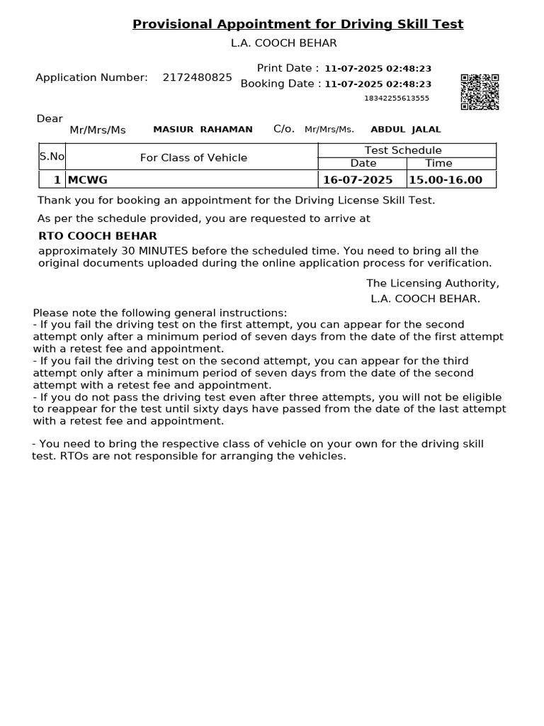 Driving Skill Test Appointment for Masiur Rahaman | PDF