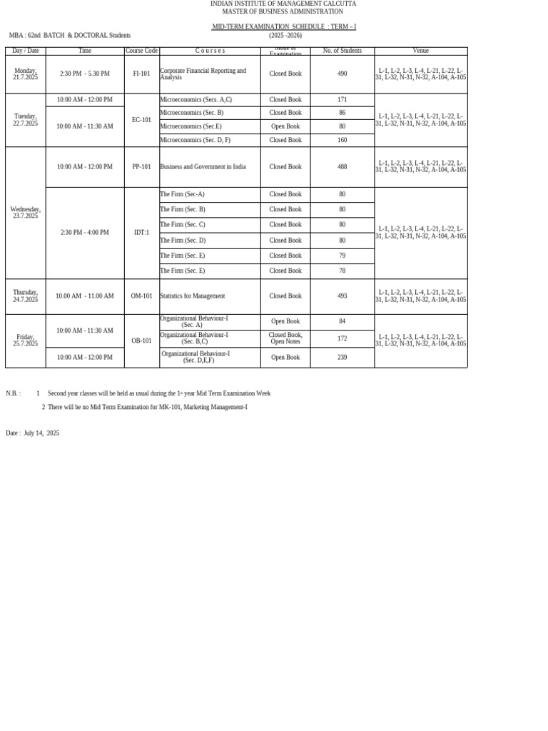 Mid Term Examination Schedule For Term-I (2025-26) - 62nd Batch | PDF | Academic Degree ...