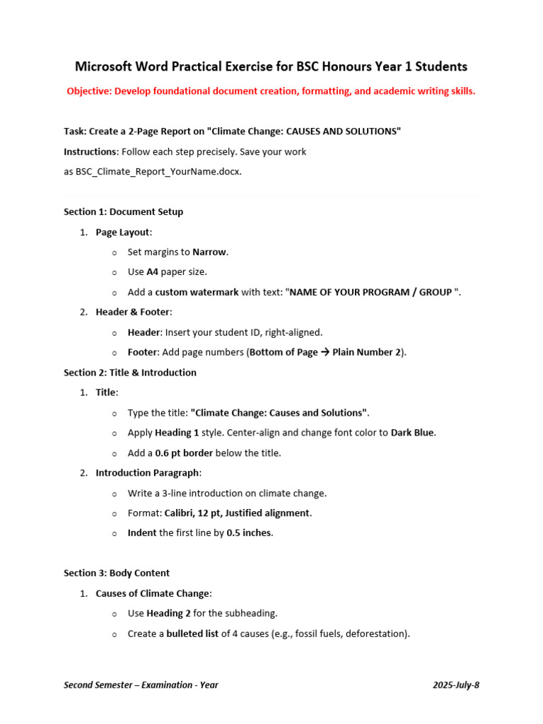 Microsoft Word Practical Exercise For BSC Honours Year 1 Students Final ...