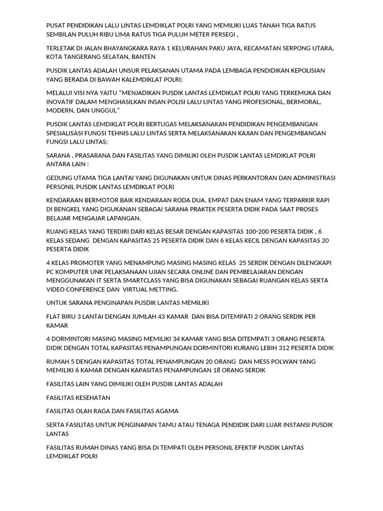 Pusdik Lantas Lemdiklat Polri: Profil dan Fasilitas | PDF