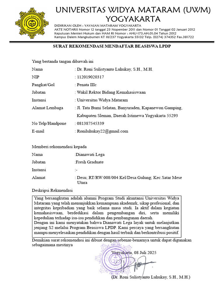 Surat Rekomendasi LPDP | PDF