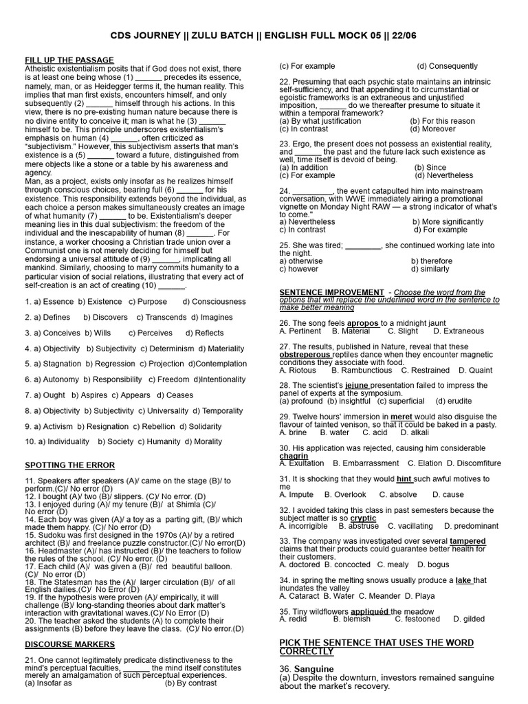 English Full Mock 22 June | PDF | Deconstruction | Verb
