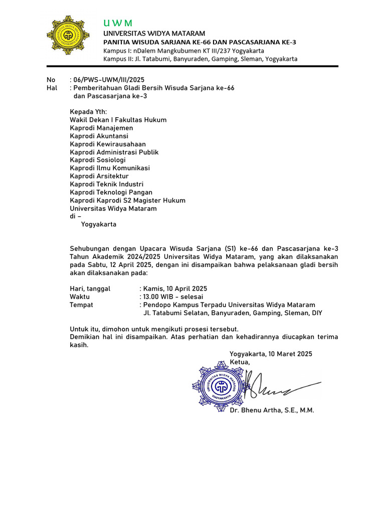 Surat Gladi Wisuda 66 - Wadek Kaprodi | PDF