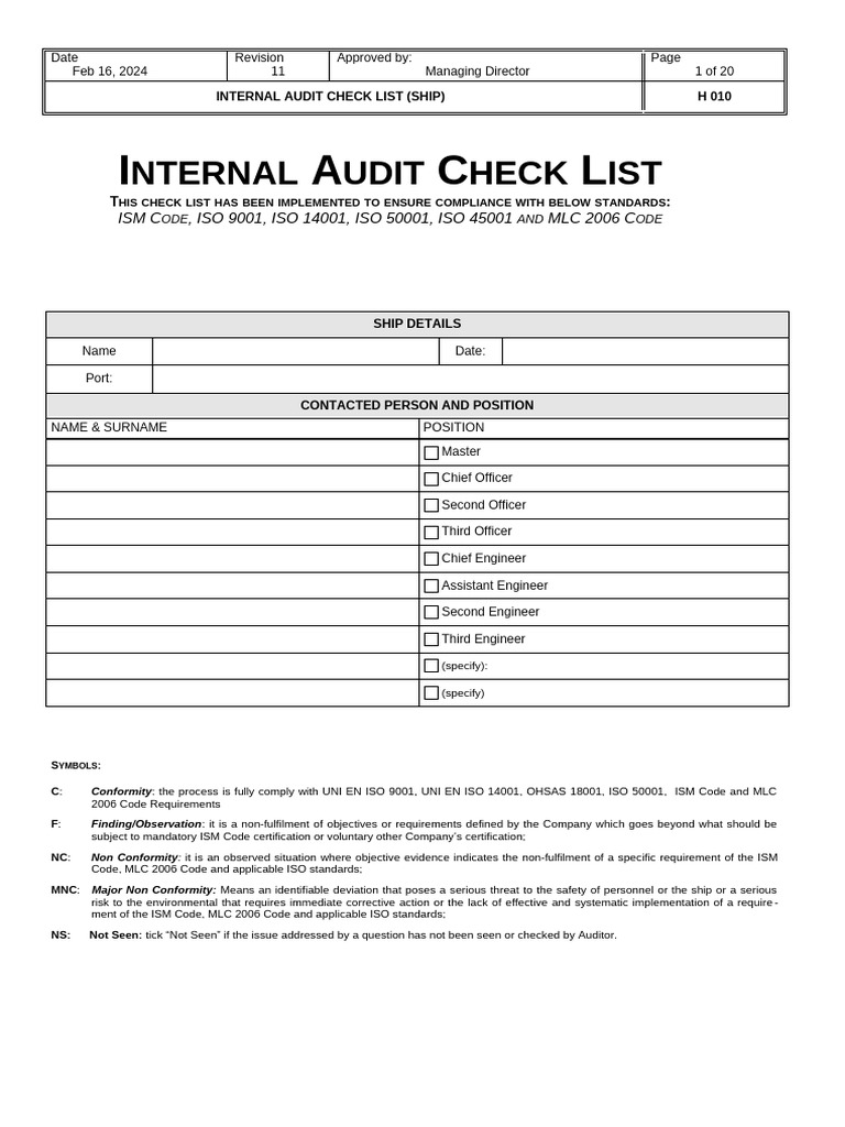 TMSA 3 Audit Checklist for Ships | PDF | Audit | Safety