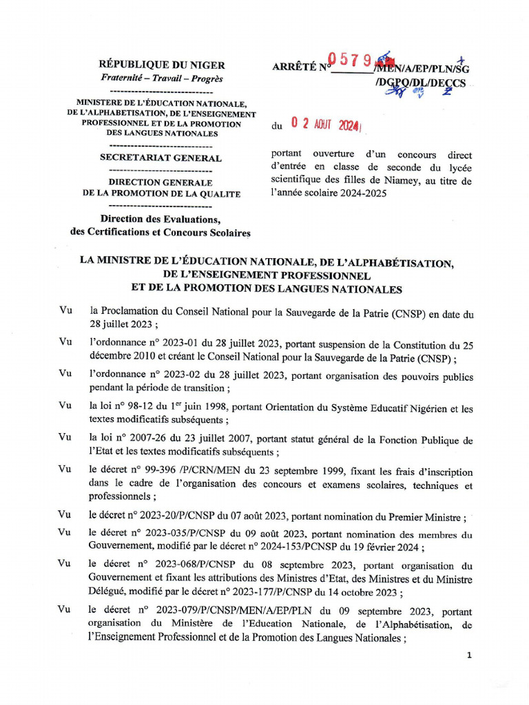 Arrêté 0579 Du 02 Août 2024 Portant Ouverture D'un Concours Direct D'entrée en Classe de Seconde ...
