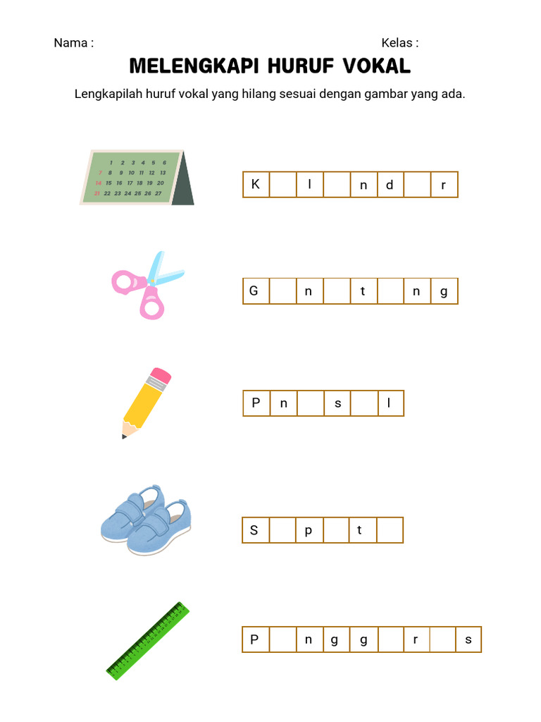 Melengkapi Huruf Vokal Lembar Kerja Putih Ilustrasi PDF | PDF
