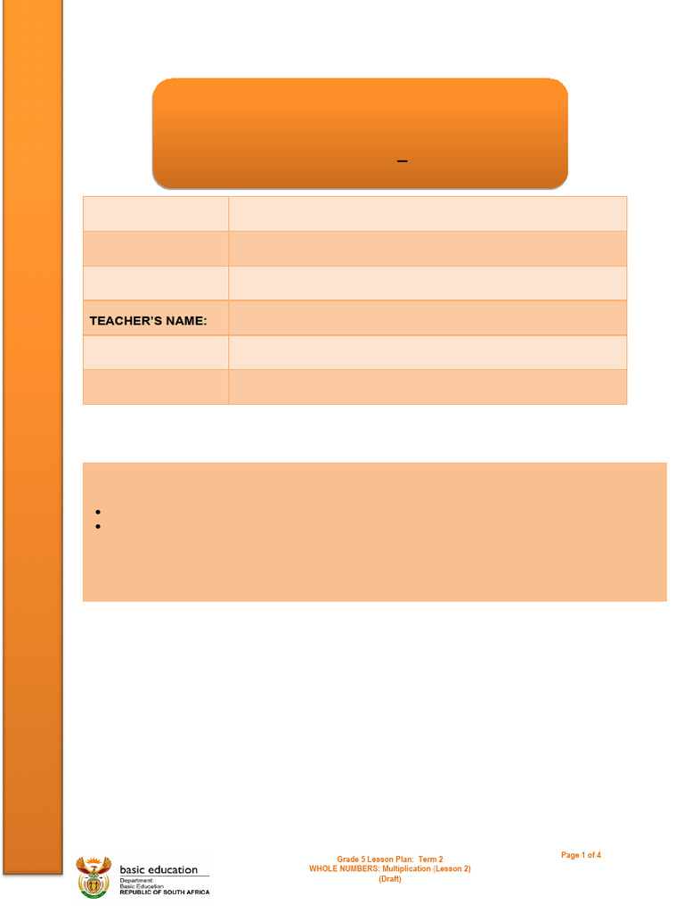 Grade 5 Term 2 Multiplication Lesson 2 | PDF | Multiplication | Homework