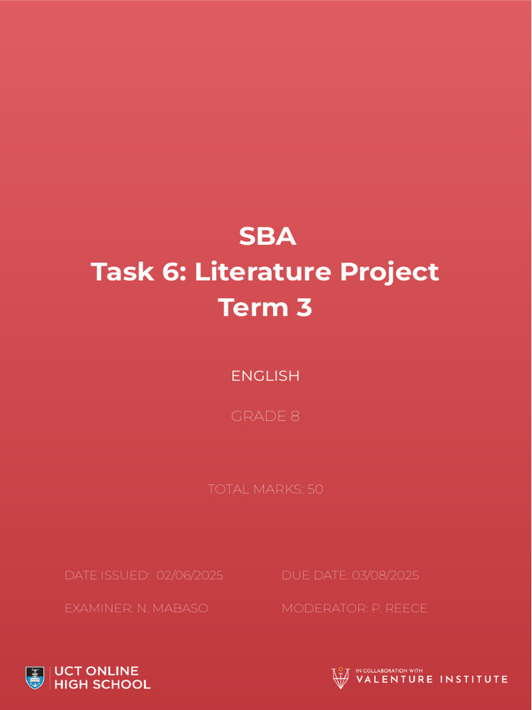 G08 English Term 3 SBA M20 Task 6 Literature Project Question Paper ...