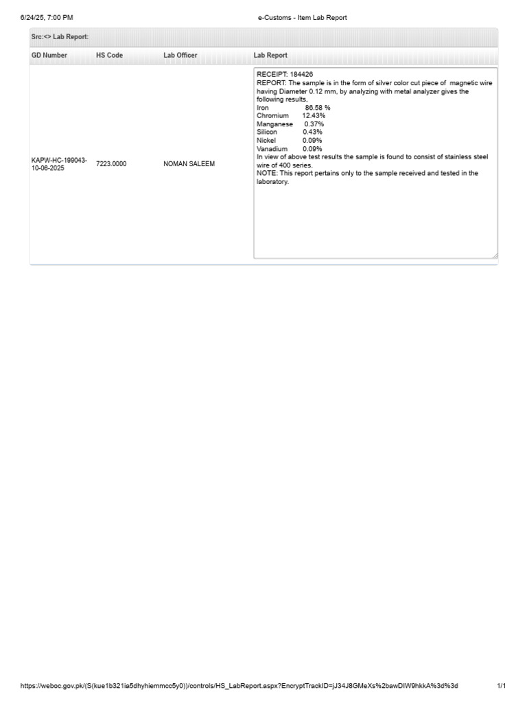 Stainless Steel Wire Lab Analysis Report | PDF