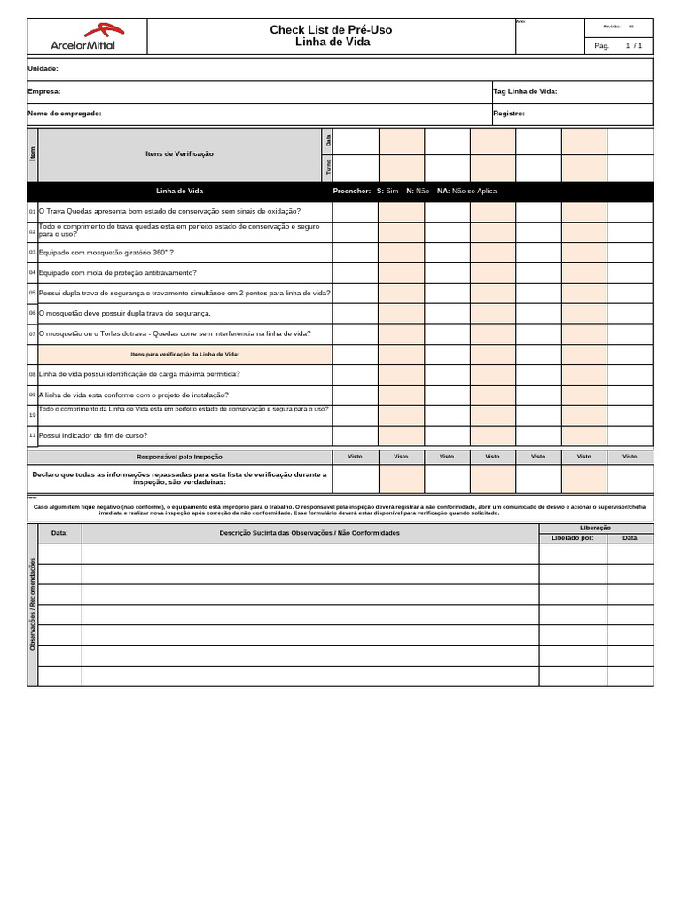 Checklist de Inspeção de Linha de Vida | PDF