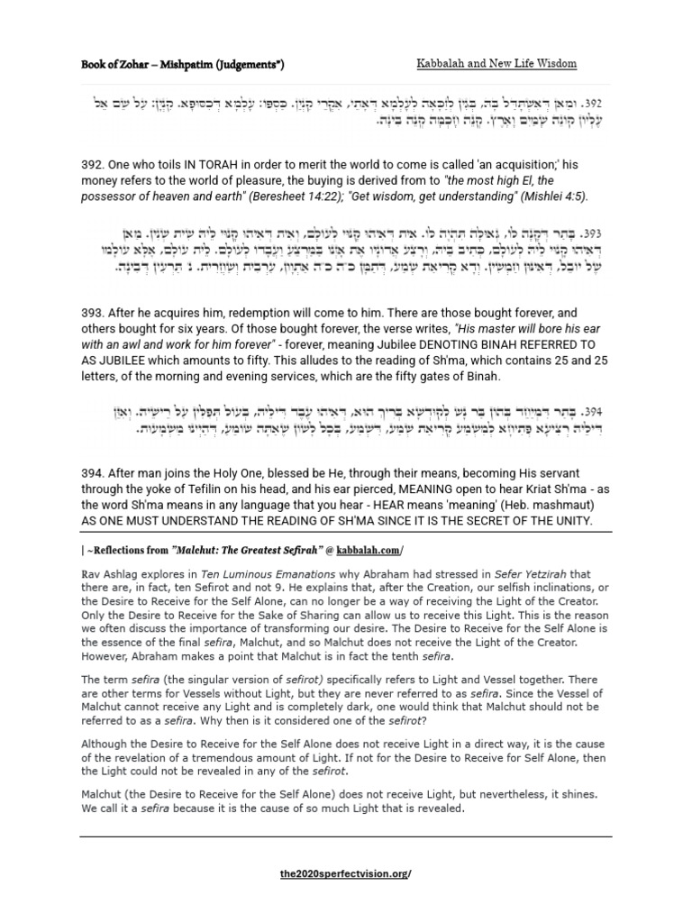 Jubilee Passage From Mishmatim in The Zohar Malchut de Binah | PDF ...