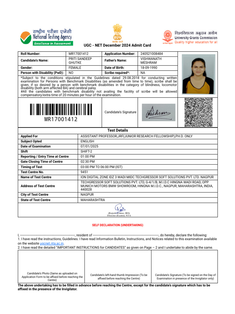 UGCNET December January 2024 Admit Card Priti English | PDF | Identity ...