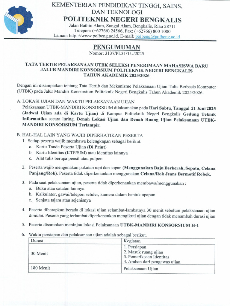 Pengumuman Tata Tertib DAN DENAH LOKASI UTBK Mandiri Konsorsiaum 2025 | PDF