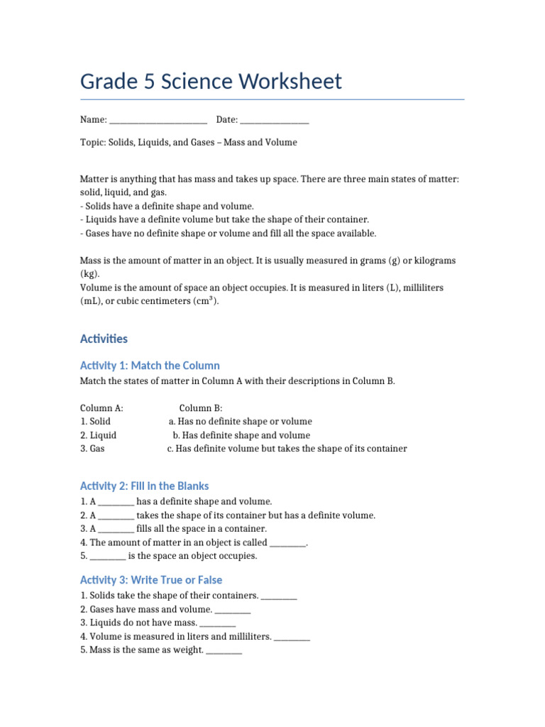 States of Matter Worksheet for Grade 5 | PDF
