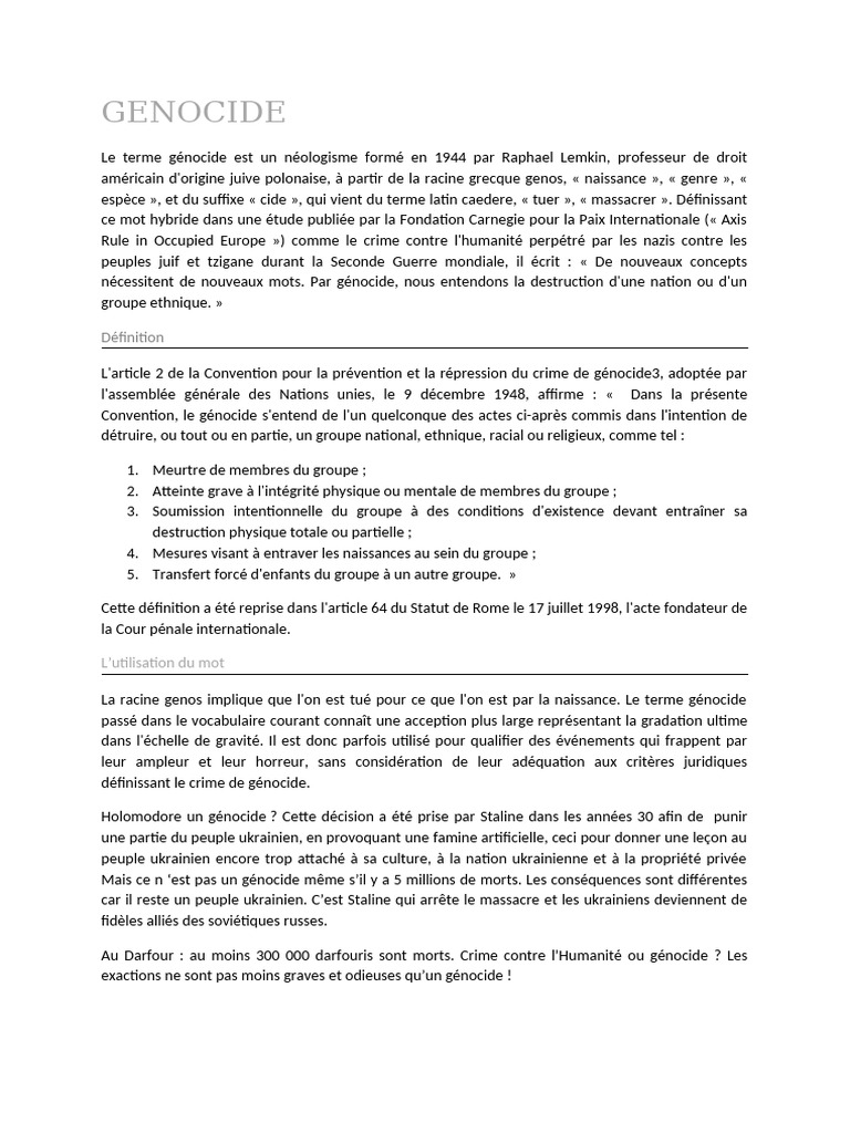 Définition et enjeux du génocide | PDF | Génocides | Crimes contre l ...